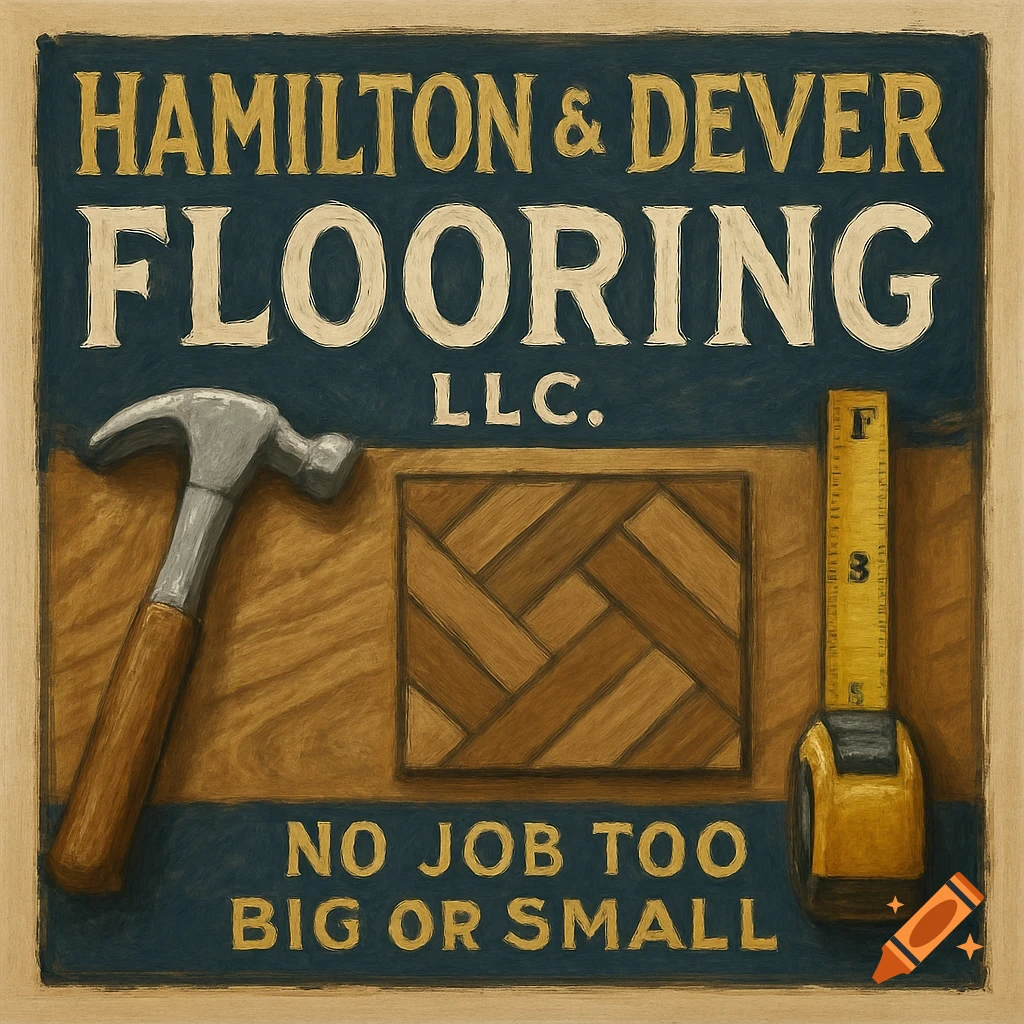 A rustic logo for Hamilton & Dever Flooring LLC, featuring a hammer, a ...