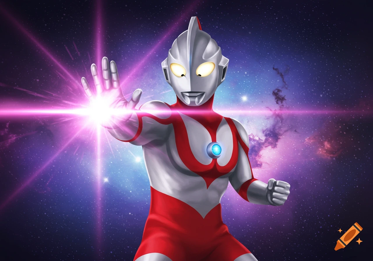 Ultraman stands in space, arm extended with a bright energy beam ...