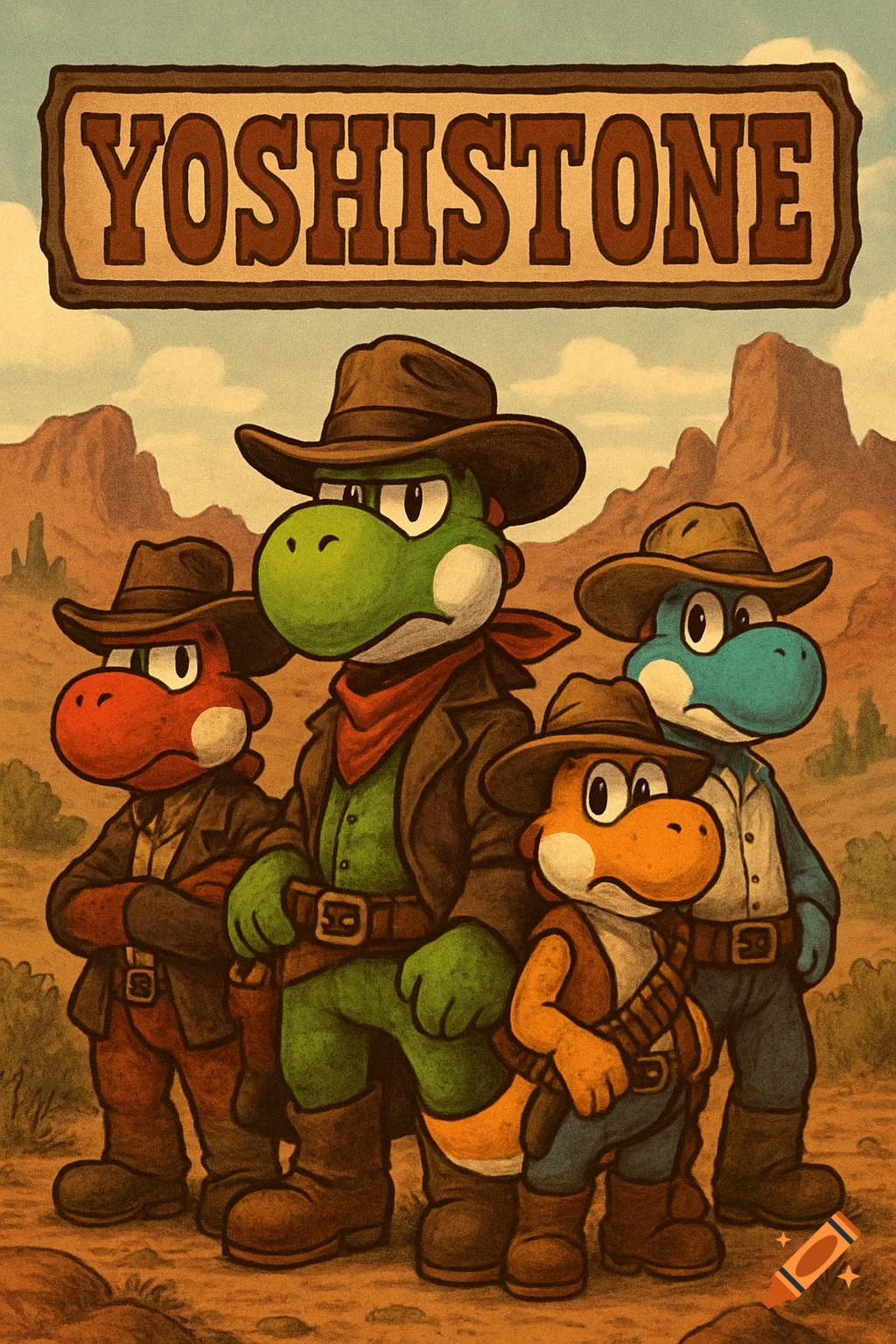 Four colorful Yoshi characters in cowboy hats and western attire stand ...