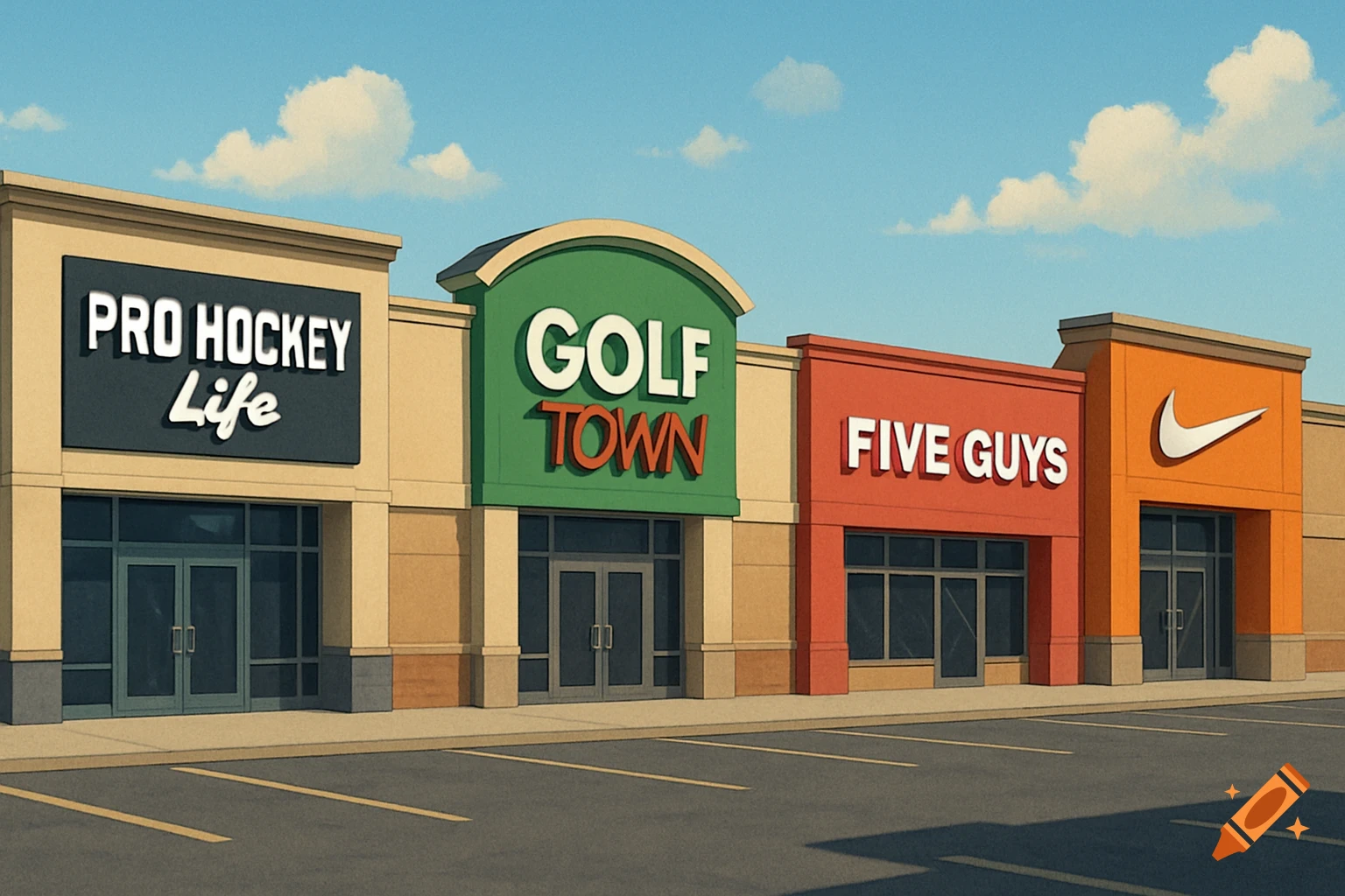 An illustrated image of a strip mall featuring 'Pro Hockey Life,' 'Golf ...