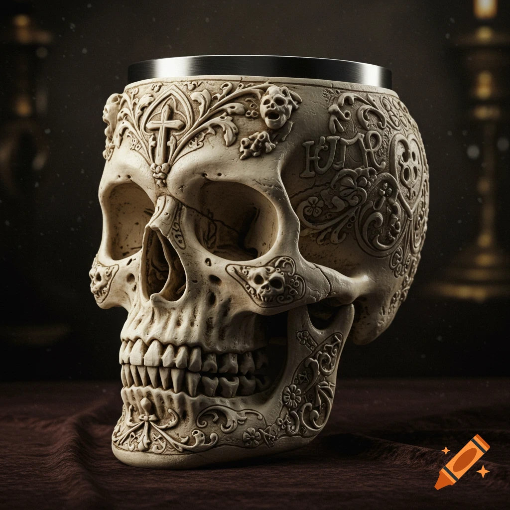 An intricately carved medieval skull resembling a chalice, set on a ...