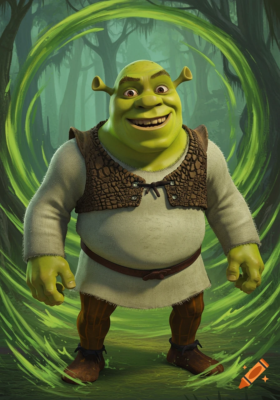 A smiling Shrek stands in a mystical green swamp with swirling energy ...