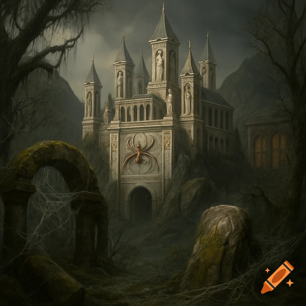 A dark fantasy castle with spires, statues, and a carved spider ...