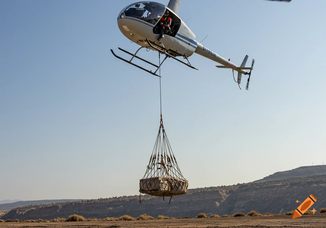 A helicopter sling-loading a large net containing cargo over a dry ...