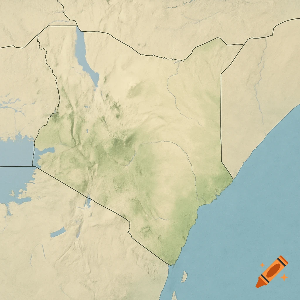A physical topographic map of Kenya showing its borders, varied terrain ...