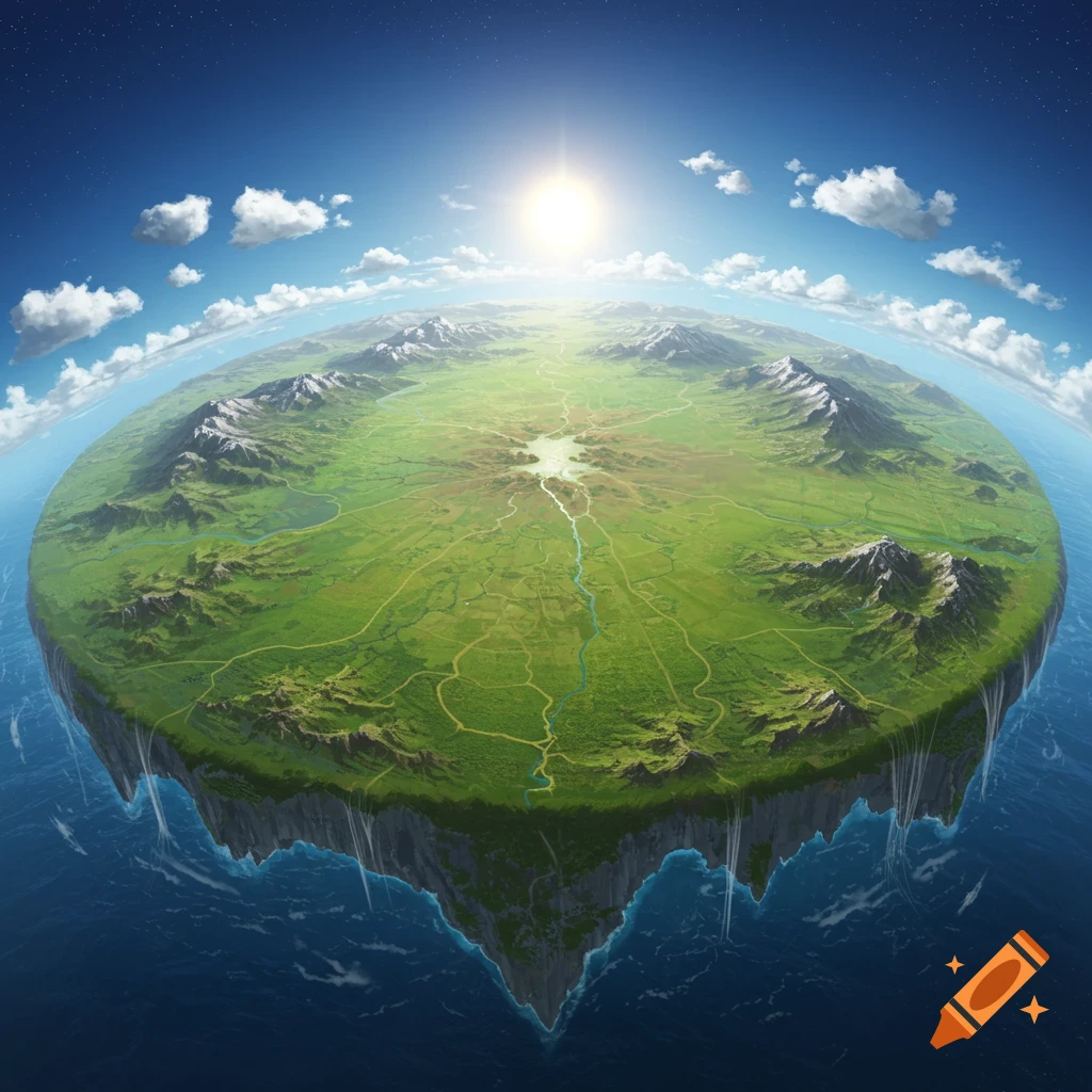 A realistic aerial view of a flat, disk-shaped earth with green landscapes, mountains, rivers ...