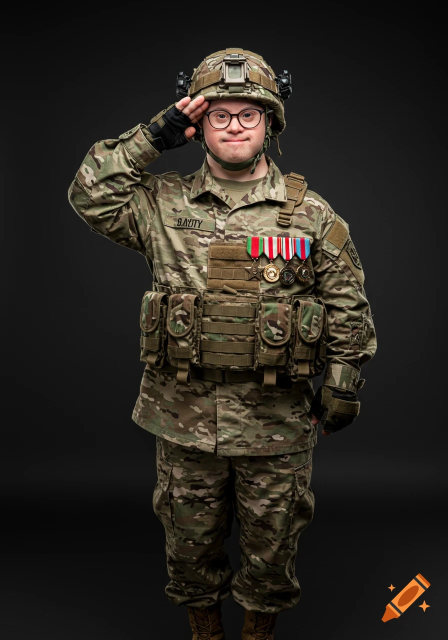 A man with Down syndrome in a military uniform and helmet salutes the ...