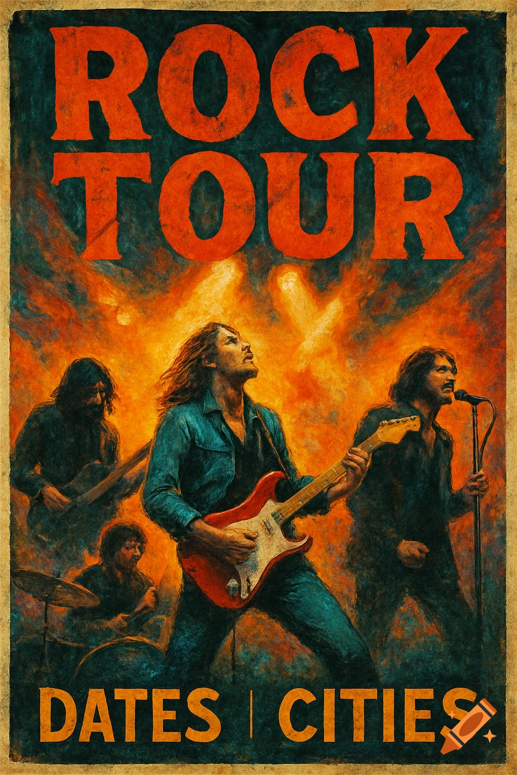 Vintage rock concert poster featuring a band on stage with orange ...