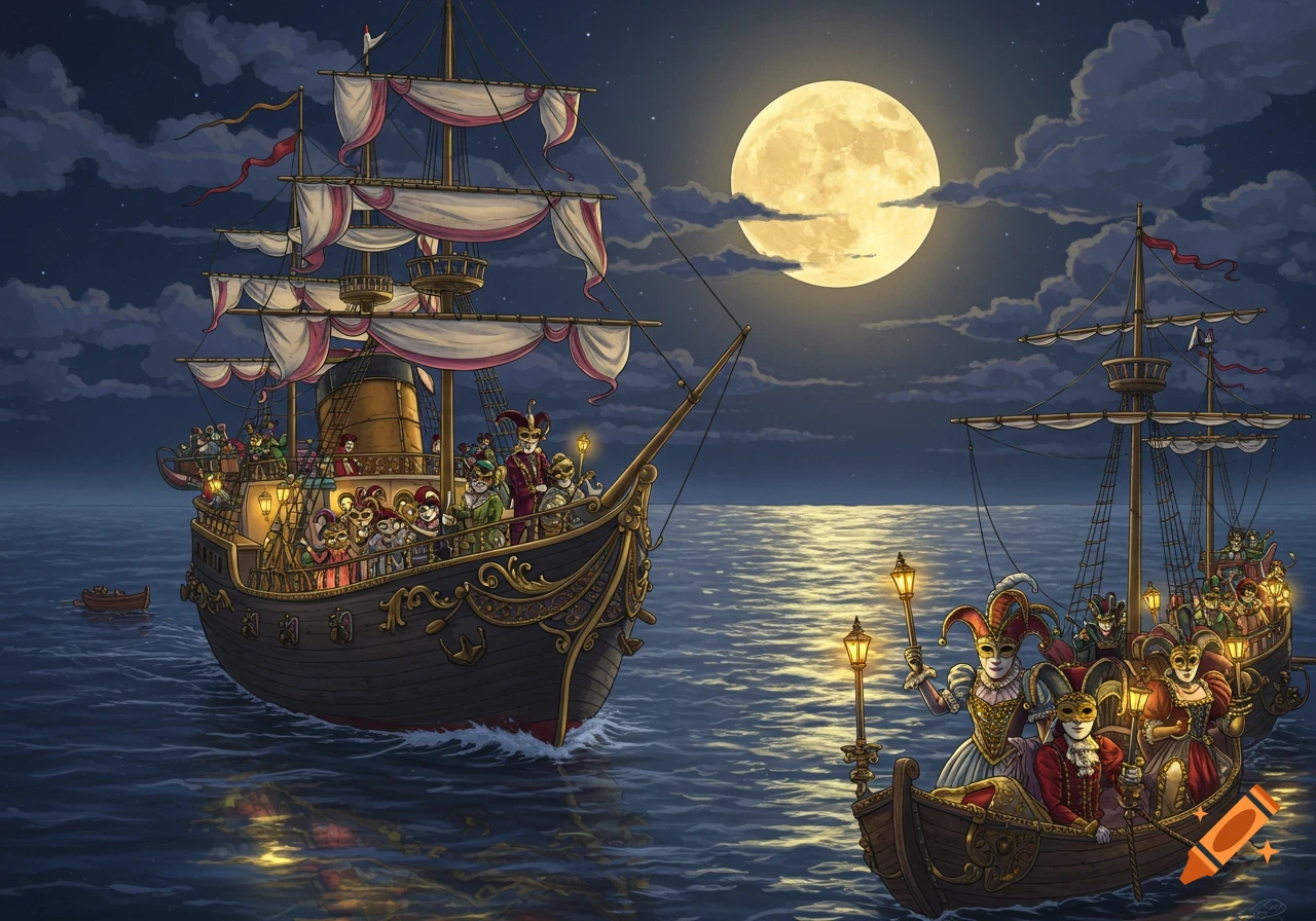 An ornate illustration of two ships filled with people in elaborate ...