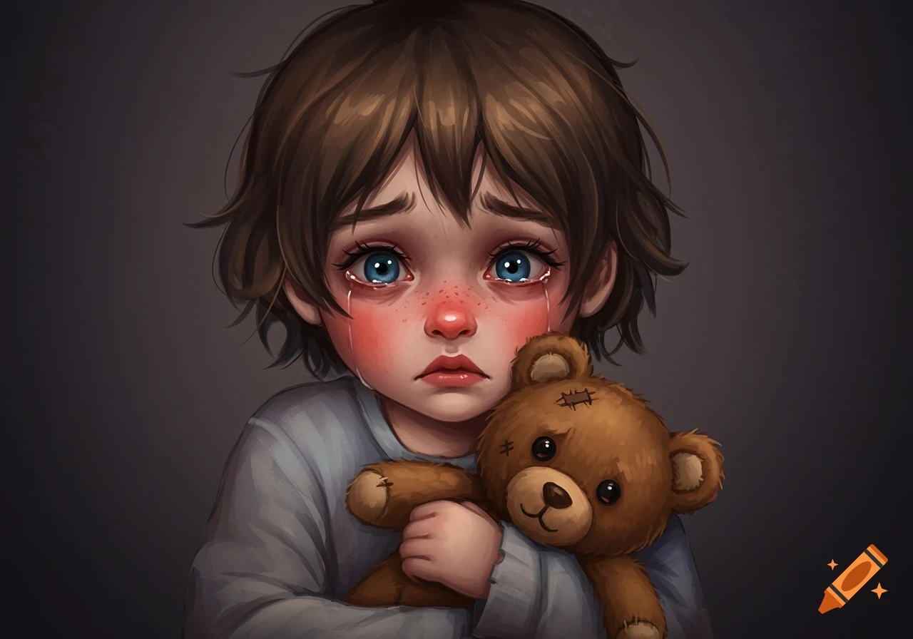 A crying child with brown hair and blue eyes, holding a brown teddy ...