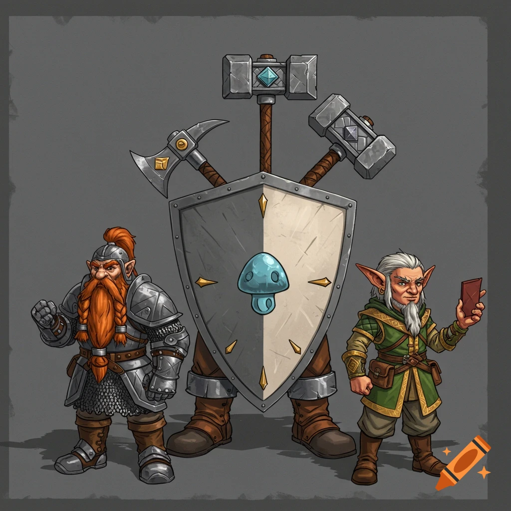 Fantasy illustration of a dwarf in plate armor and a gnome in robes ...