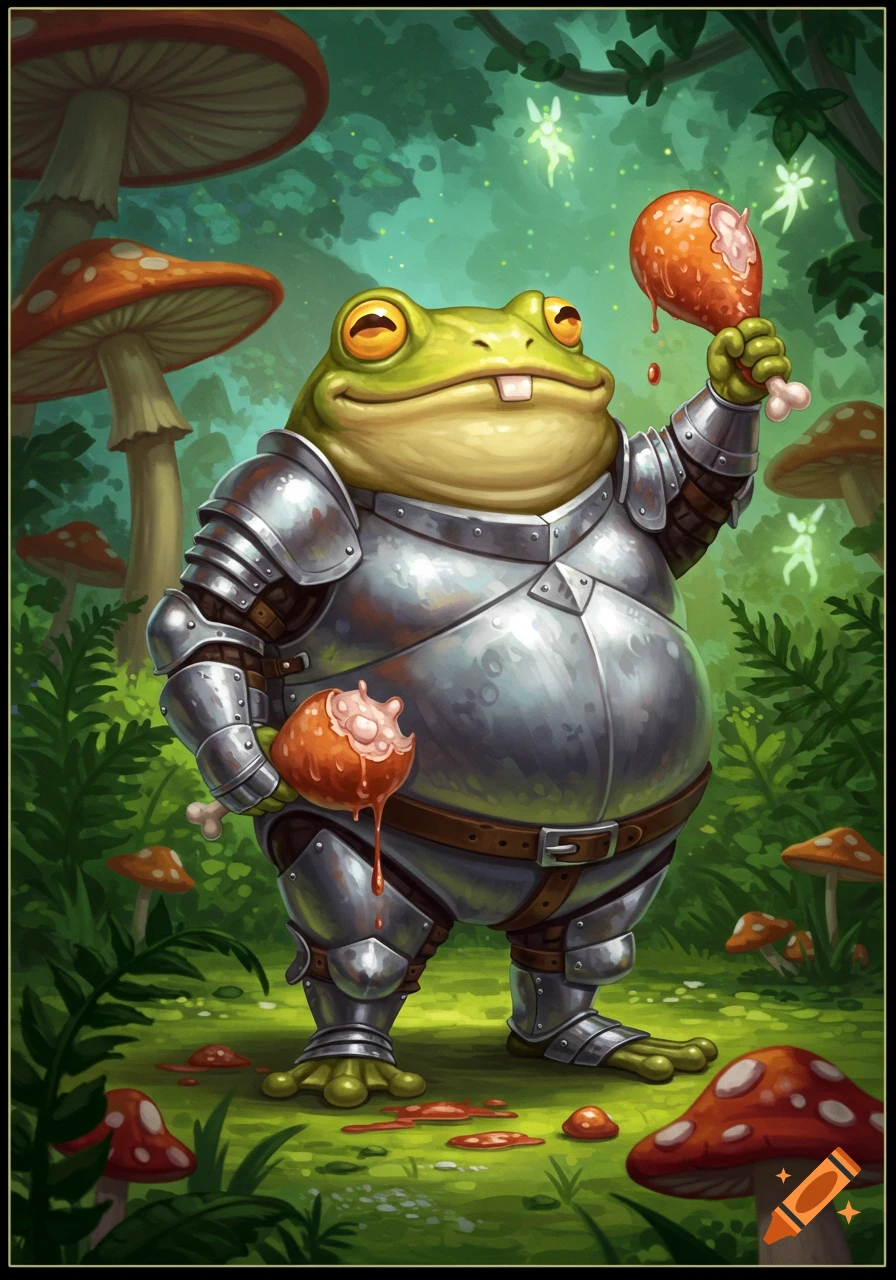 A fat, green frog knight in shiny armor stands victoriously in a ...