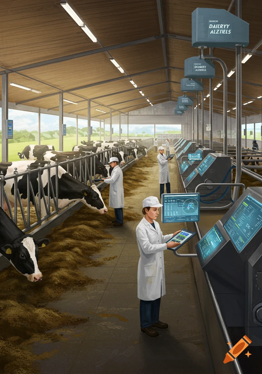 Modern dairy farm with cows, farm workers in lab coats using tablets ...