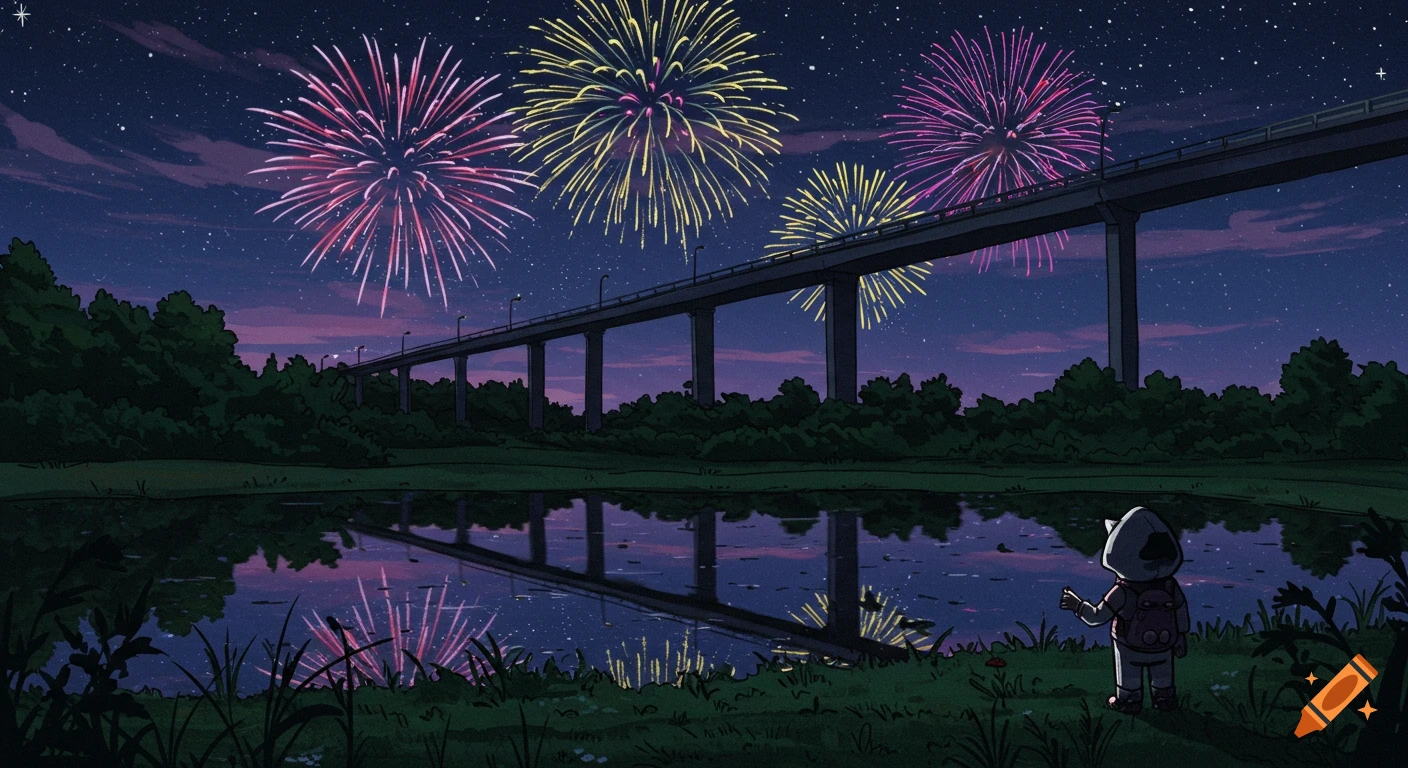 An illustrative night scene with colorful fireworks exploding over a ...