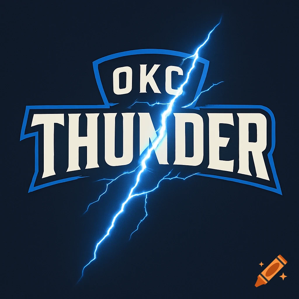 A logo for OKC Thunder with a blue and white shield shape and a ...