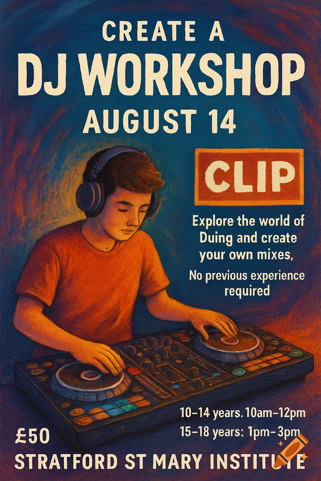 A vintage-style poster for a DJ workshop featuring a young person with ...