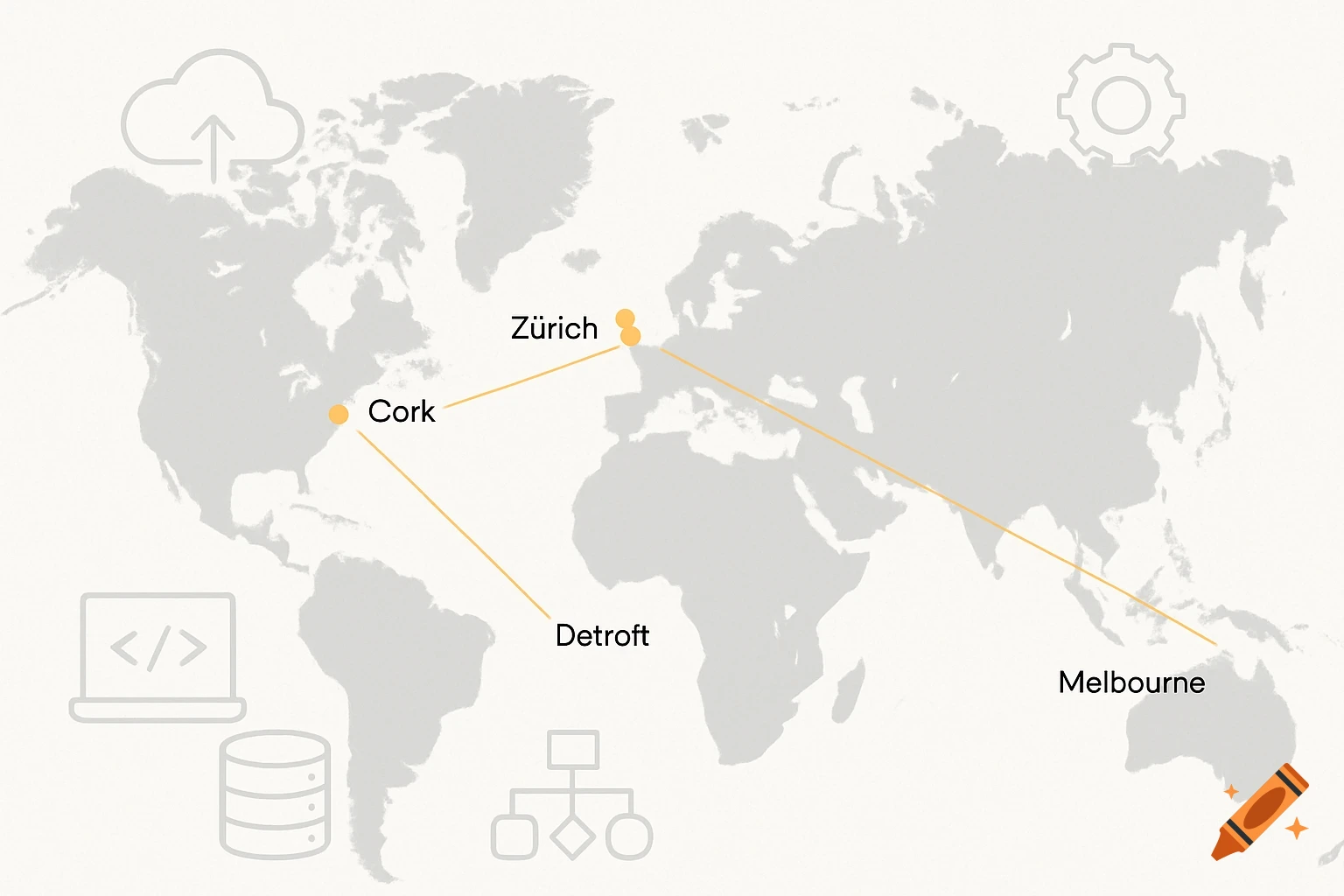 A grey world map shows orange lines connecting Cork, Zurich, Detroft ...