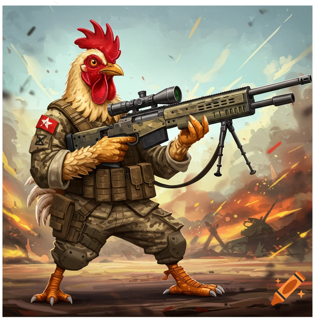 A stylized chicken soldier in camouflage uniform holds a large sniper ...