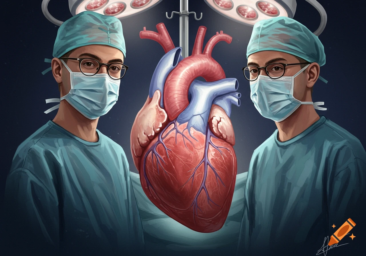 Two illustrated surgeons in an operating room looking at a central ...
