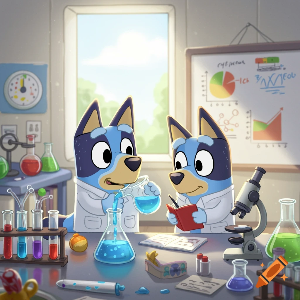 Cartoon Bluey and Bingo characters dressed as scientists, working in a ...