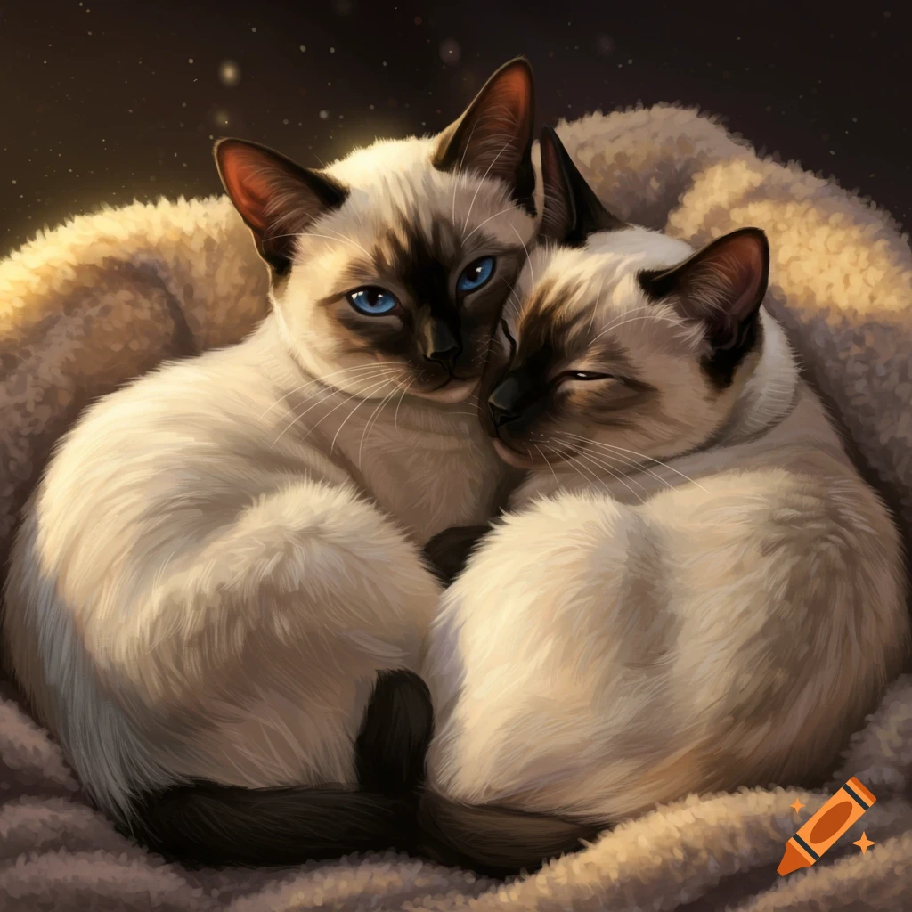 Two Siamese cats with blue eyes cuddling together on a soft, warm blanket. on Craiyon