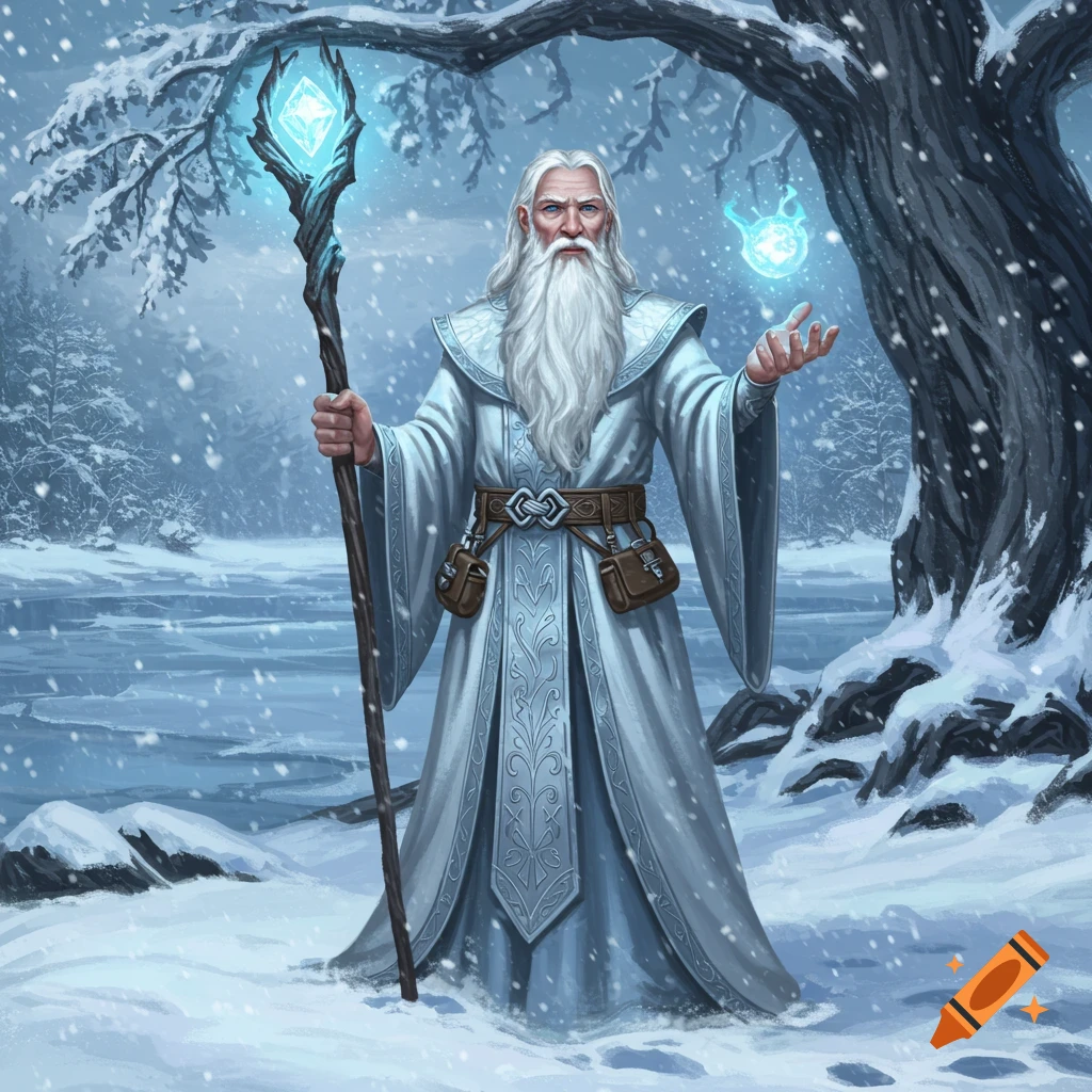 A majestic winter wizard with a long white beard, holding a glowing ...