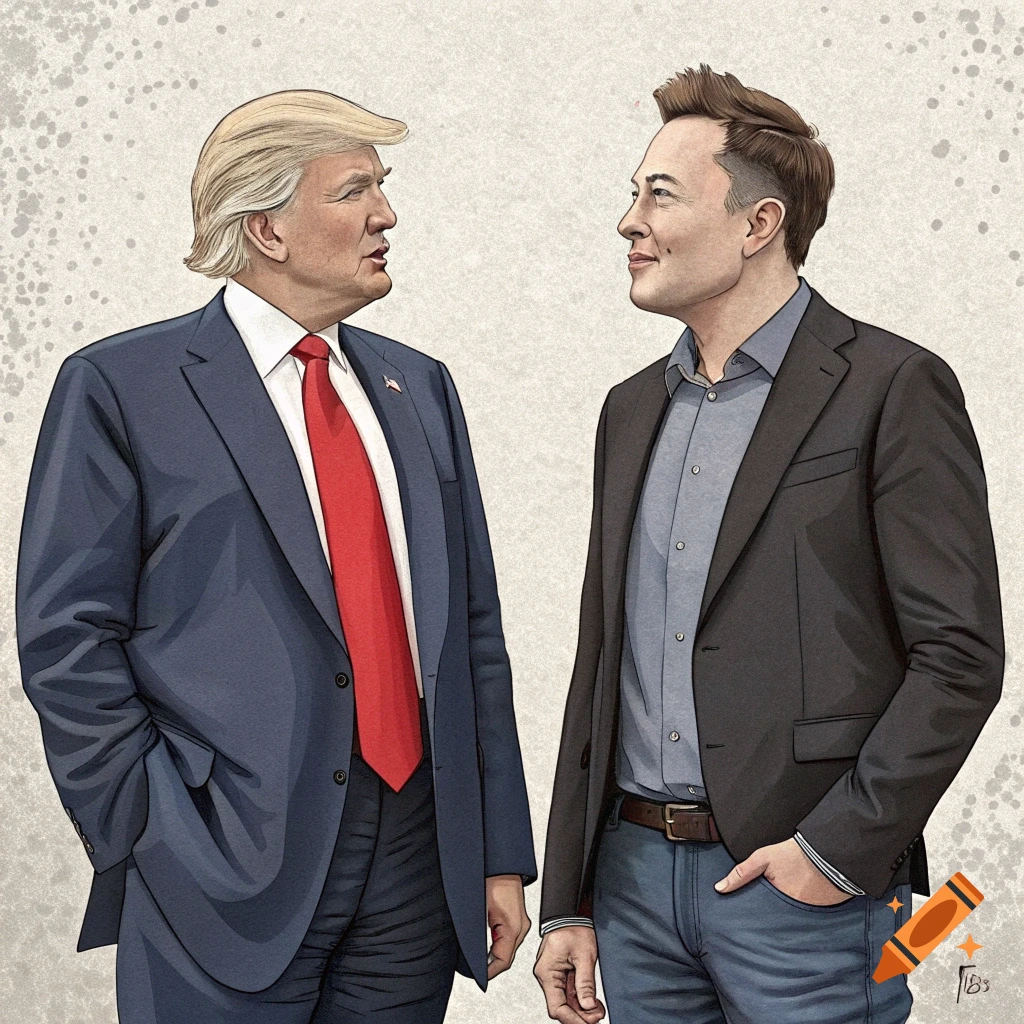 An illustration of Donald Trump and Elon Musk standing and looking at ...