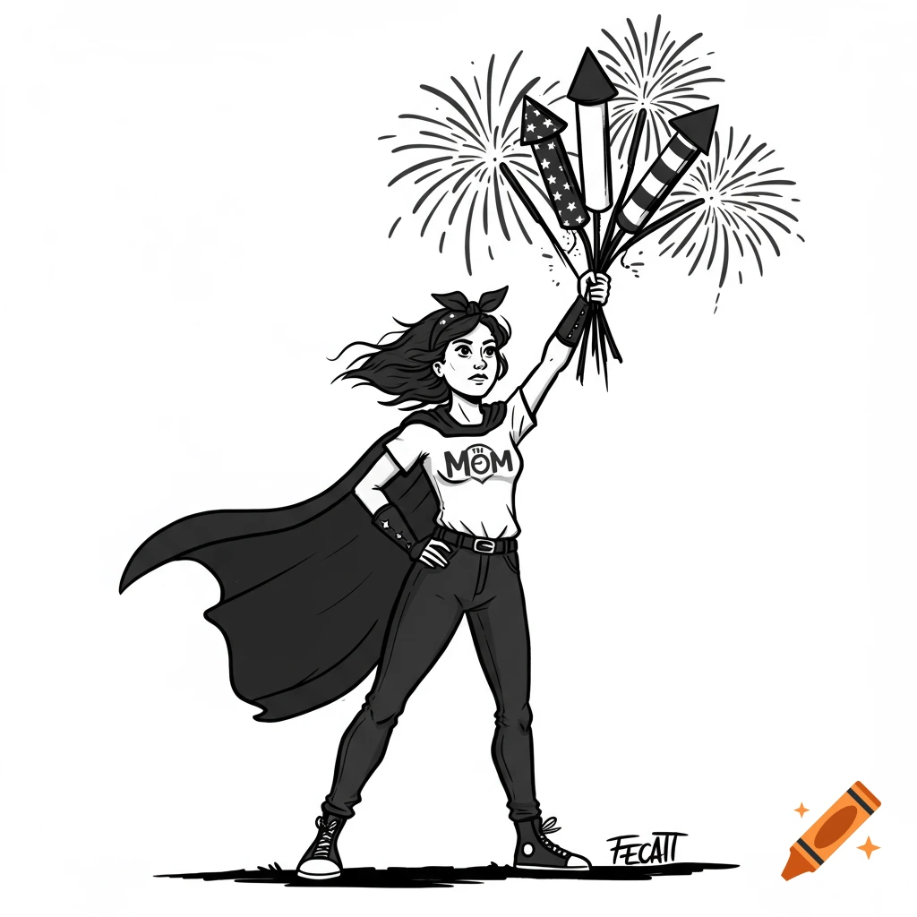 A black and white illustration of a superhero mom in a cape, holding a ...