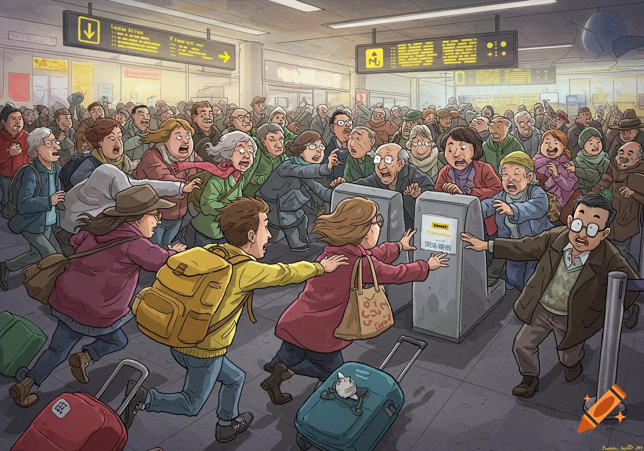 A chaotic cartoon scene of a large crowd of people pushing to get ...