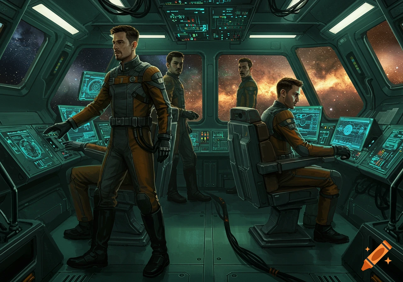 Four men in orange and gray spacesuits inside a spaceship cockpit ...