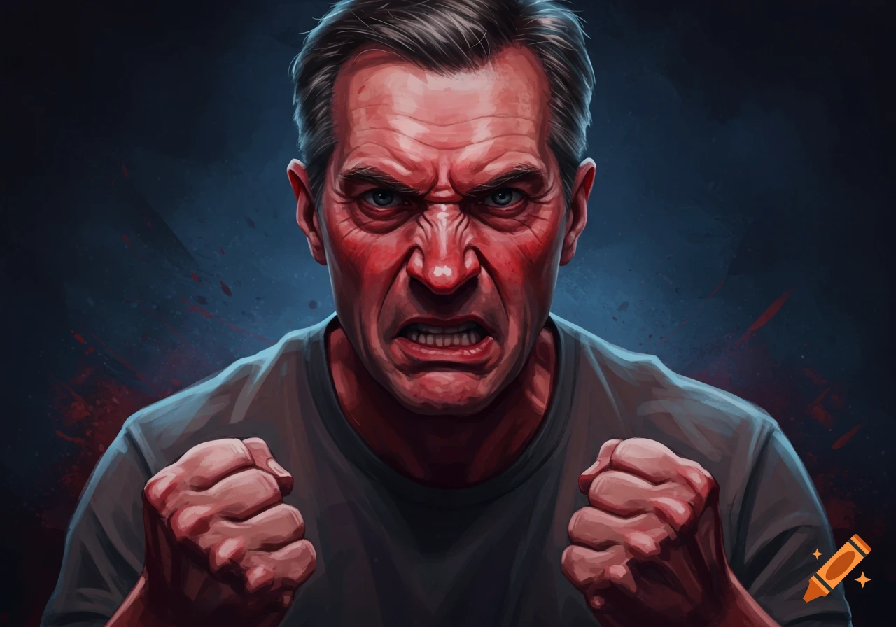 Close-up digital art of a man with an angry, red face, furrowed brow ...