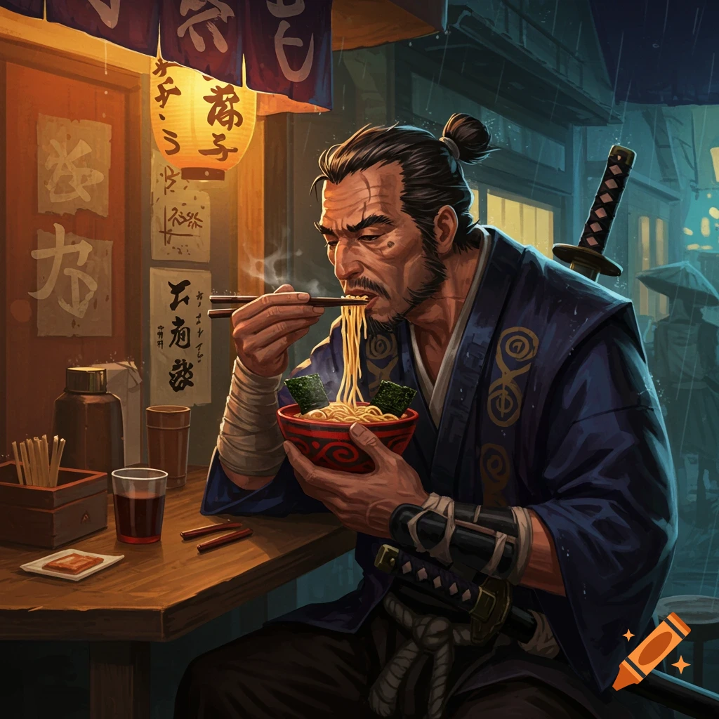 A man dressed as a samurai eating a bowl of ramen with chopsticks at an ...