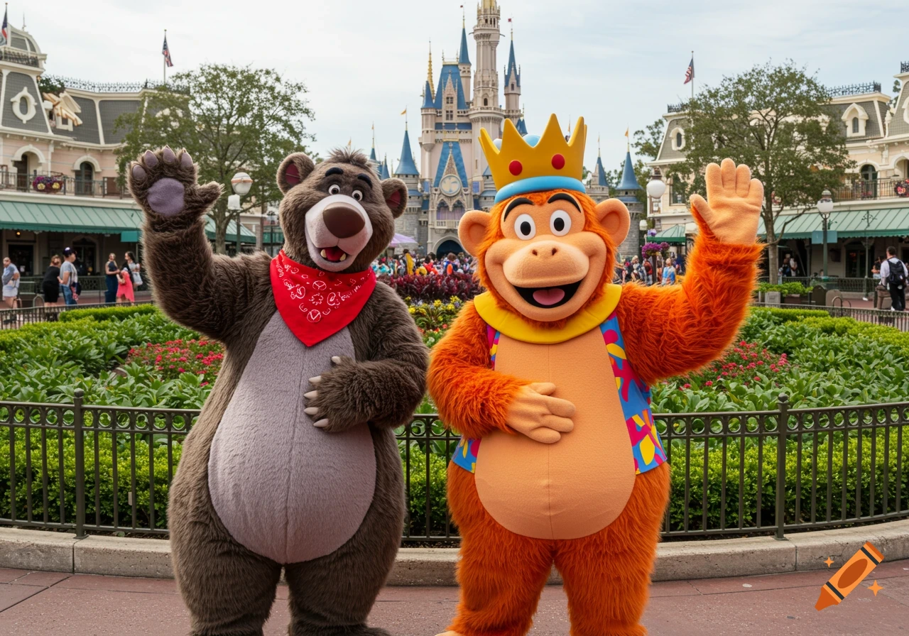 Baloo and King Louie mascot costumes waving in front of Cinderella ...