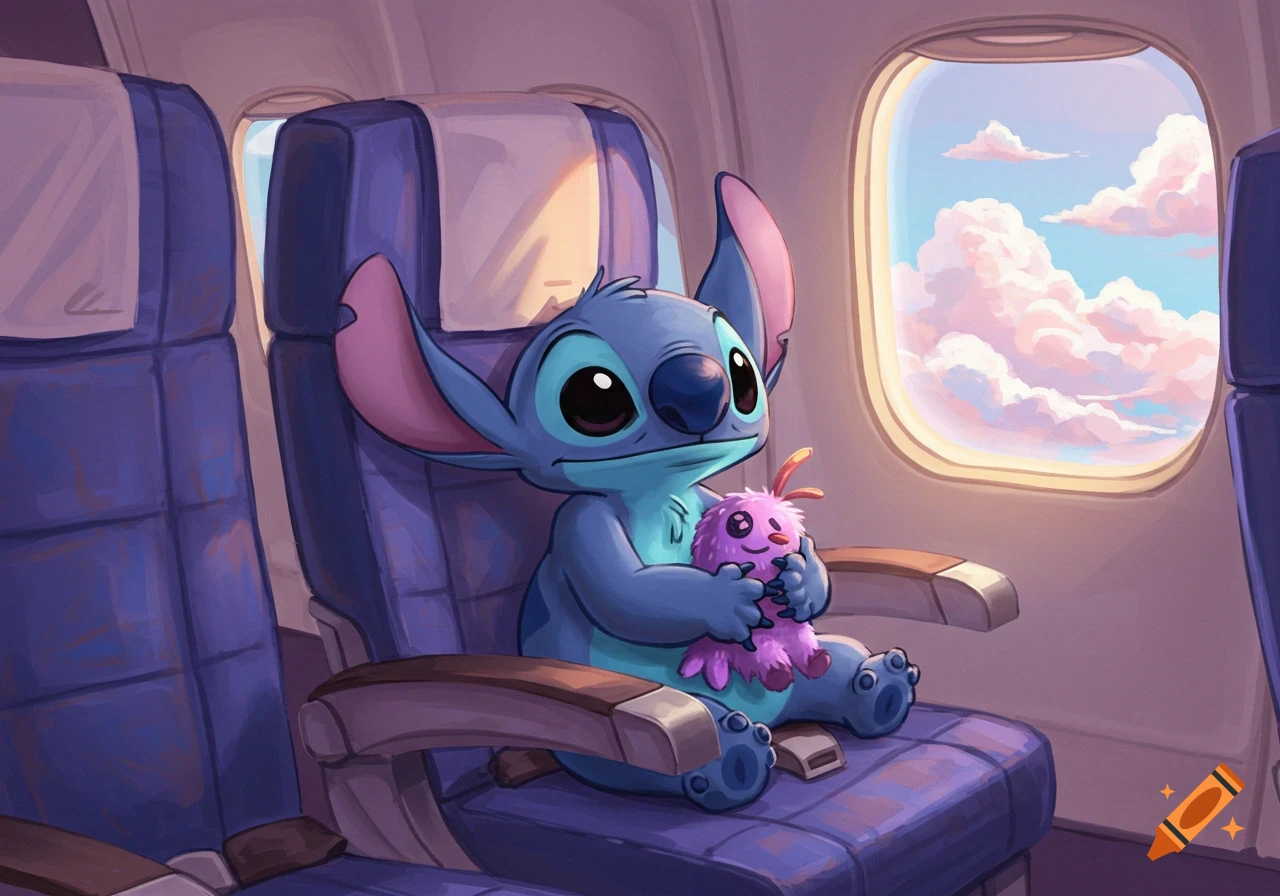 Stitch, a blue alien character, sits on an airplane seat holding a pink ...