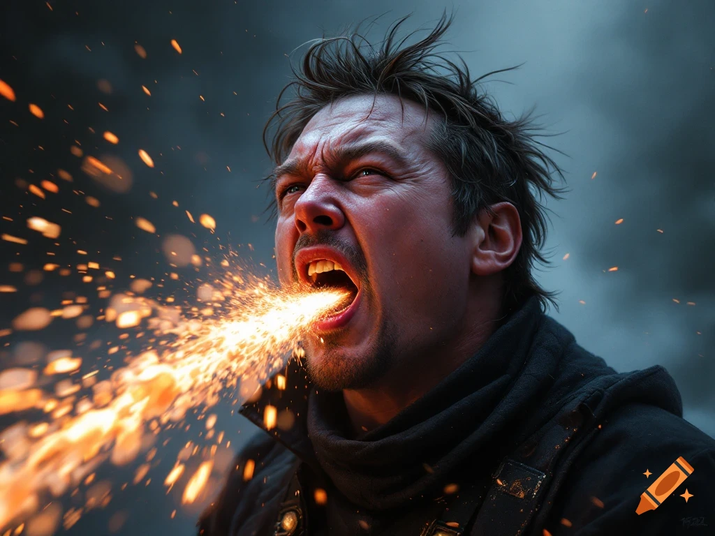 Close-up of a man with messy hair and an intense expression, screaming ...