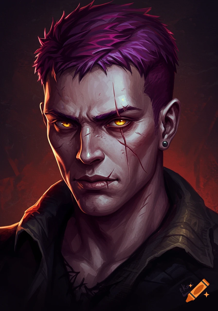 A close-up digital art portrait of a serious male character with short ...