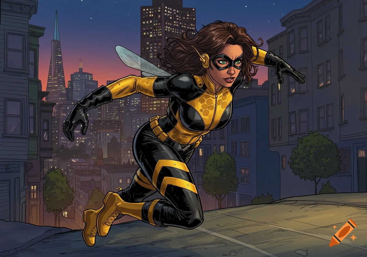 Comic book illustration of a Hispanic female superhero in a black and ...