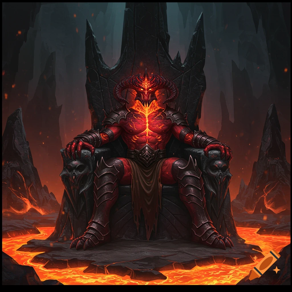 A fiery demon with horns and armor sits on a dark, spiky throne ...