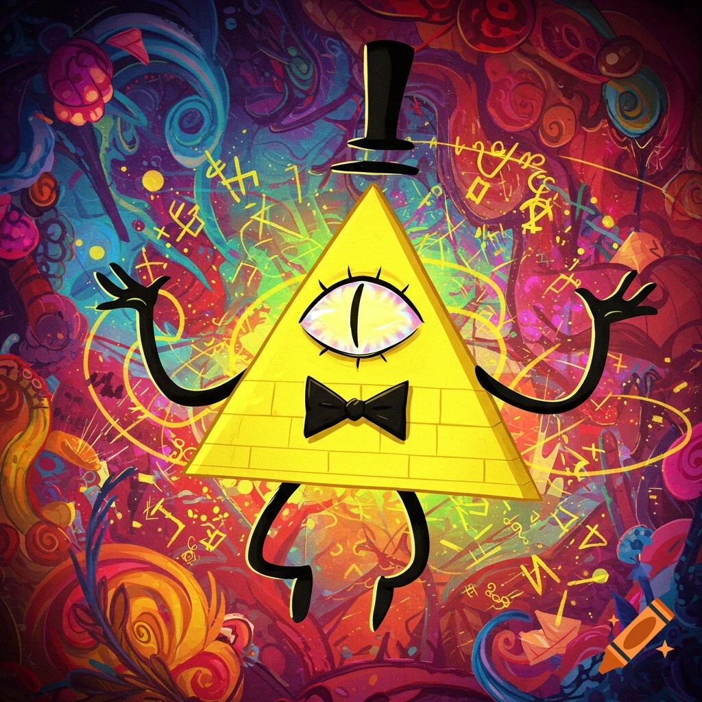 Bill Cipher, a yellow triangular character with one eye, a top hat, and ...