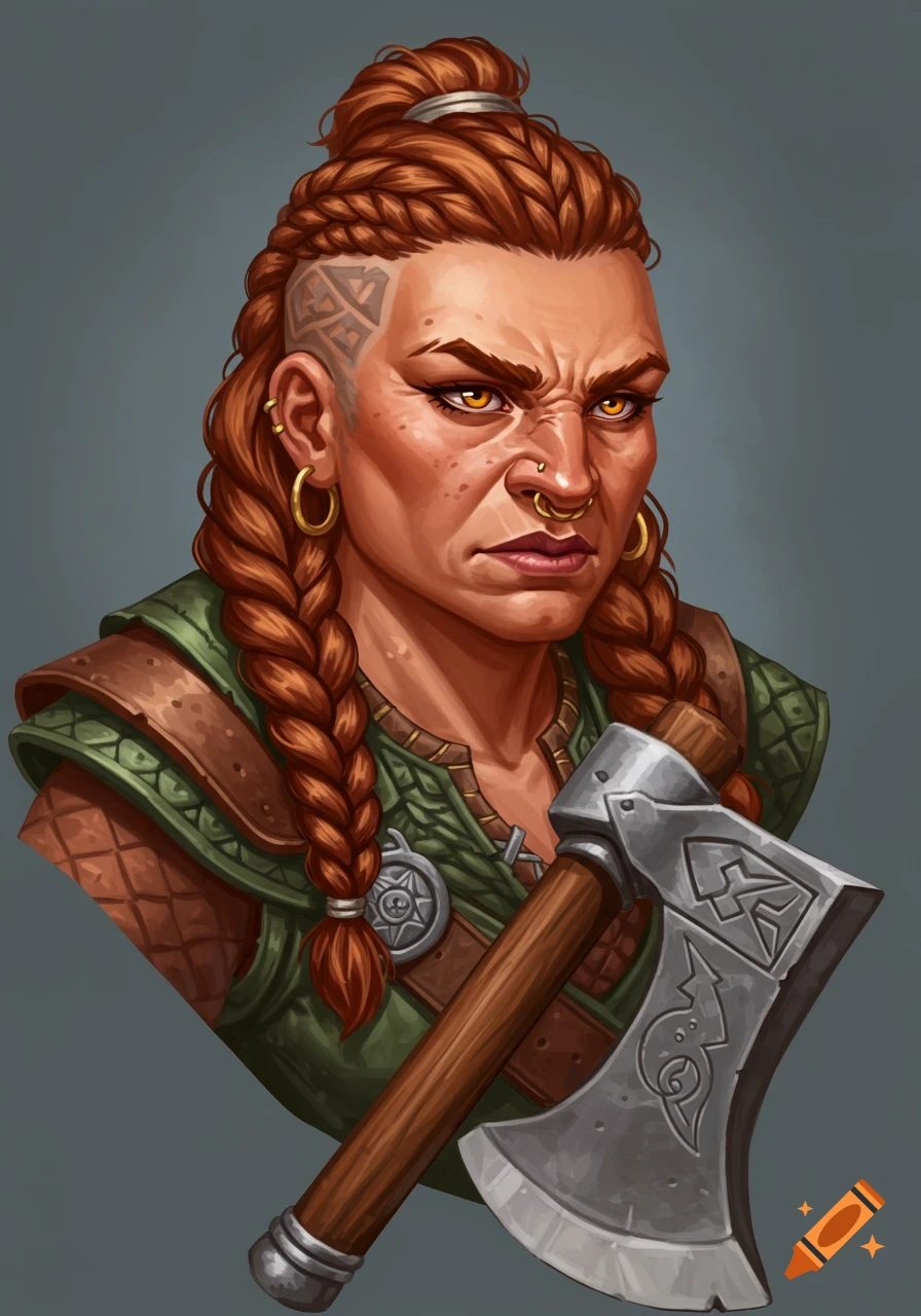 Bust of a stern female dwarf fighter with braided red hair, facial ...