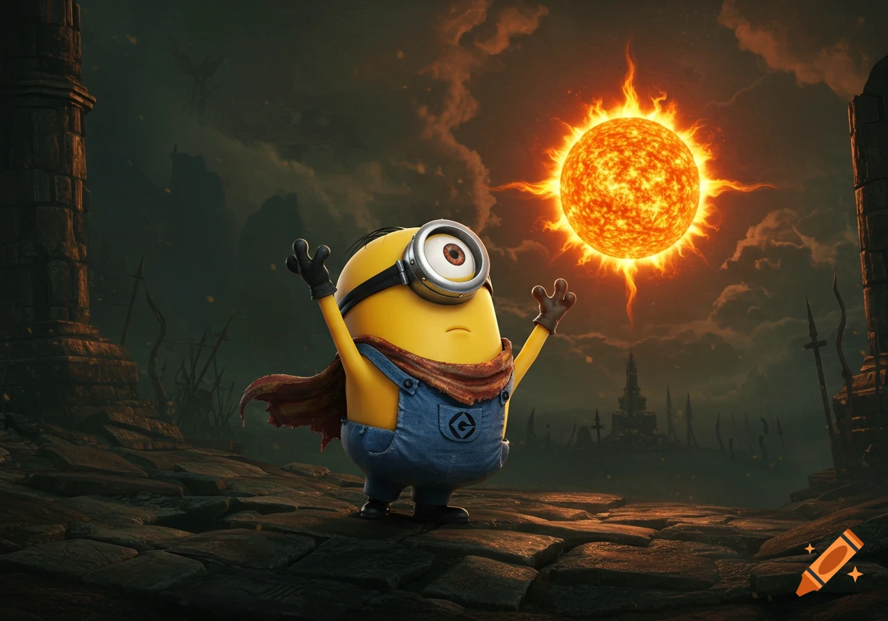 A Minion in a dark fantasy setting, wearing a cloak and overalls ...