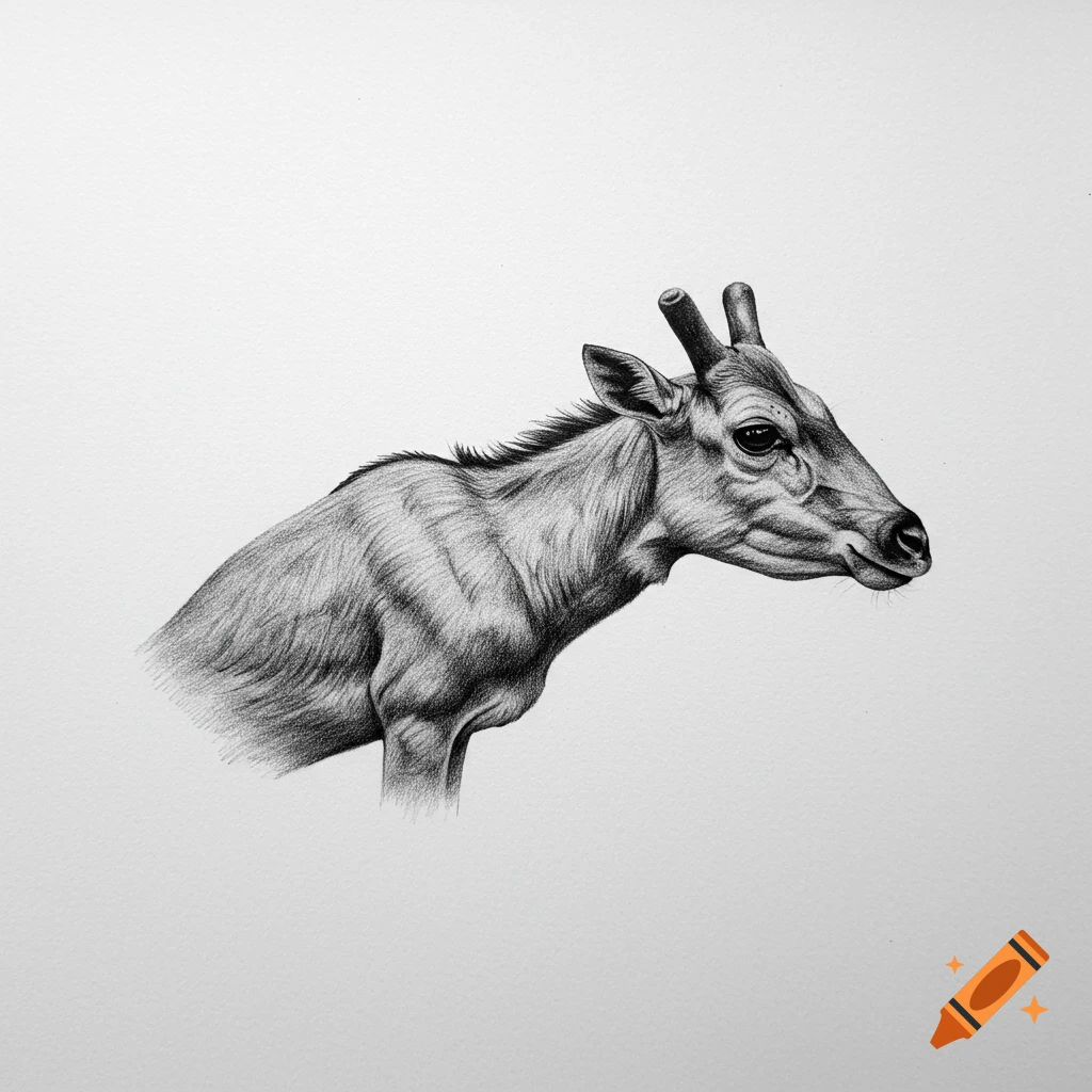 Detailed pencil drawing of a young ungulate with small ossicones. on ...