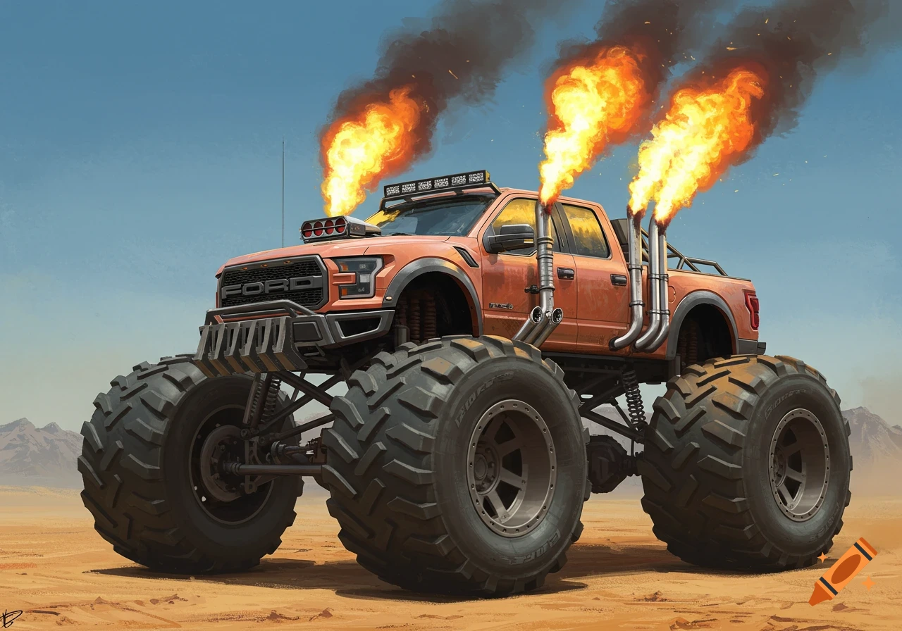 An orange Ford Raptor monster truck with huge tires, armored front, and ...