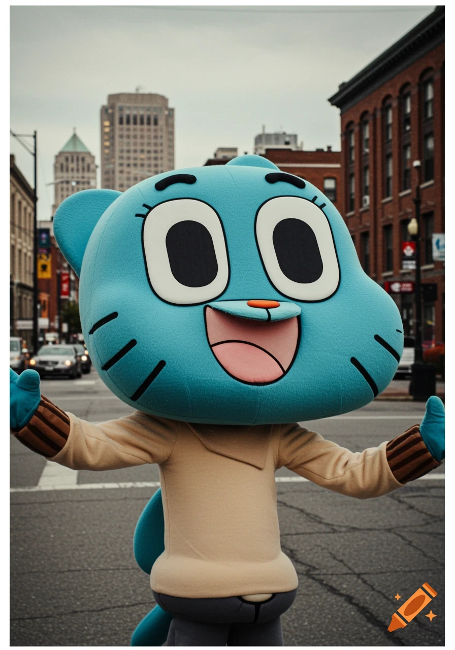 A Gumball Watterson mascot character stands with arms wide in a ...