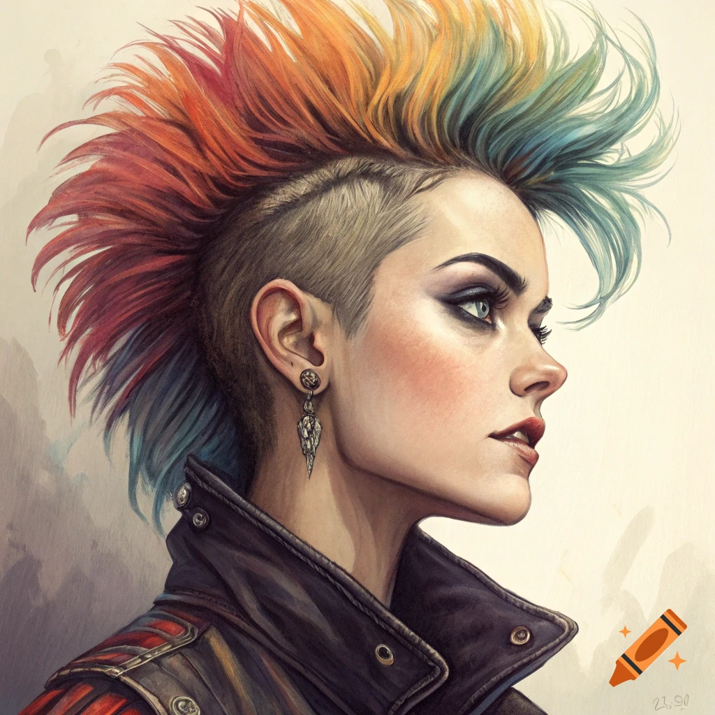 Profile portrait of a woman with a vibrant rainbow mohawk and a black ...
