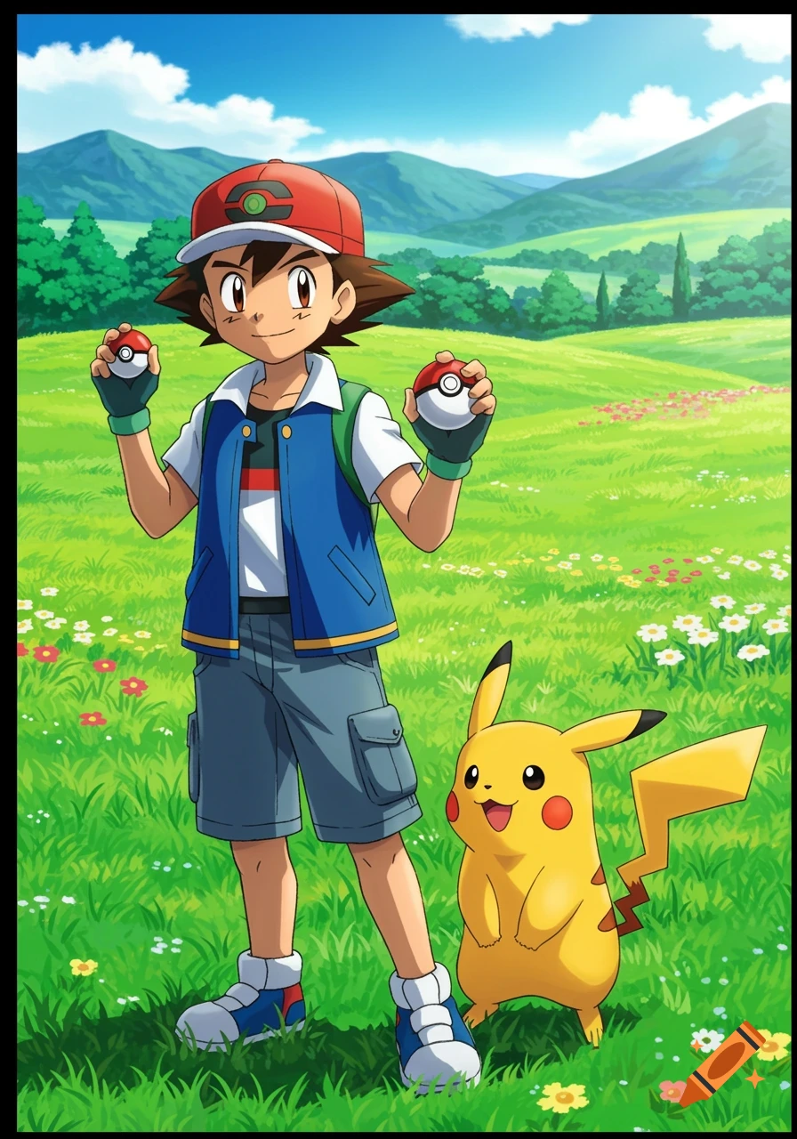 Ash Ketchum holding two Pokeballs, standing with Pikachu in a grassy ...