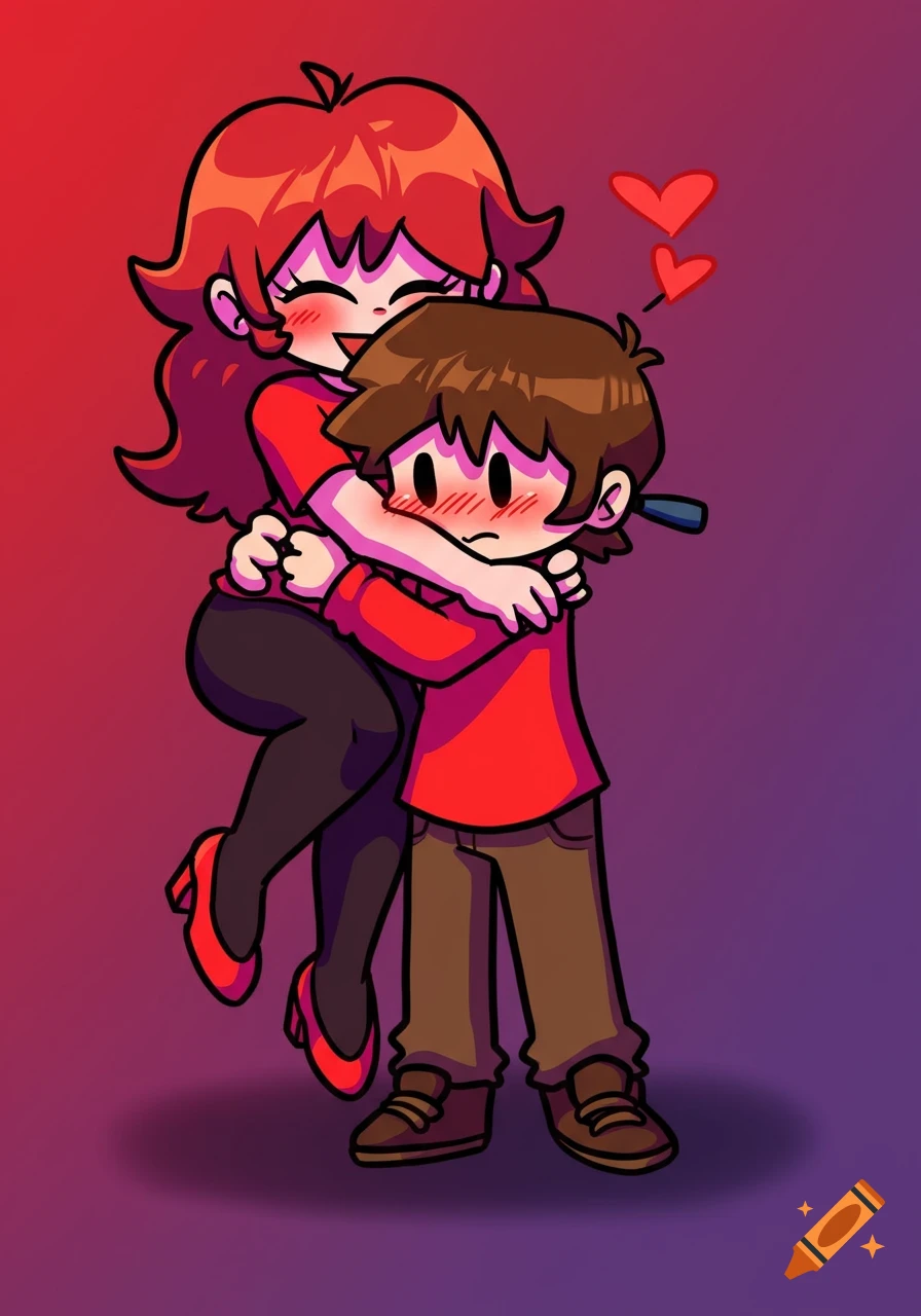 Cartoon of a red-haired girl hugging a shy, blushing brown-haired boy ...