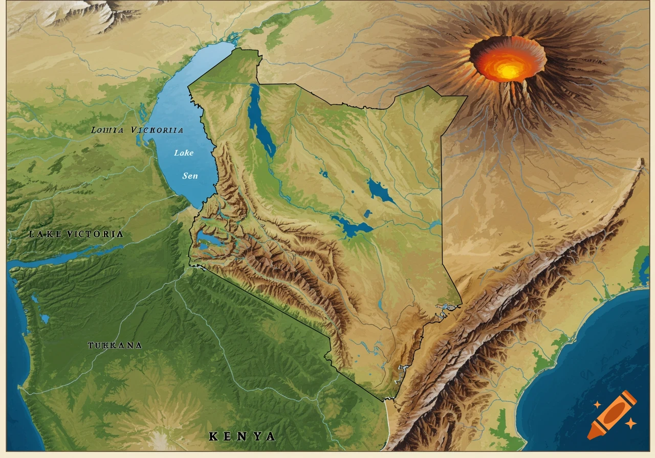 Topographical map of Kenya, highlighting Lake Victoria, Lake Turkana, the Great Rift Valley, and ...