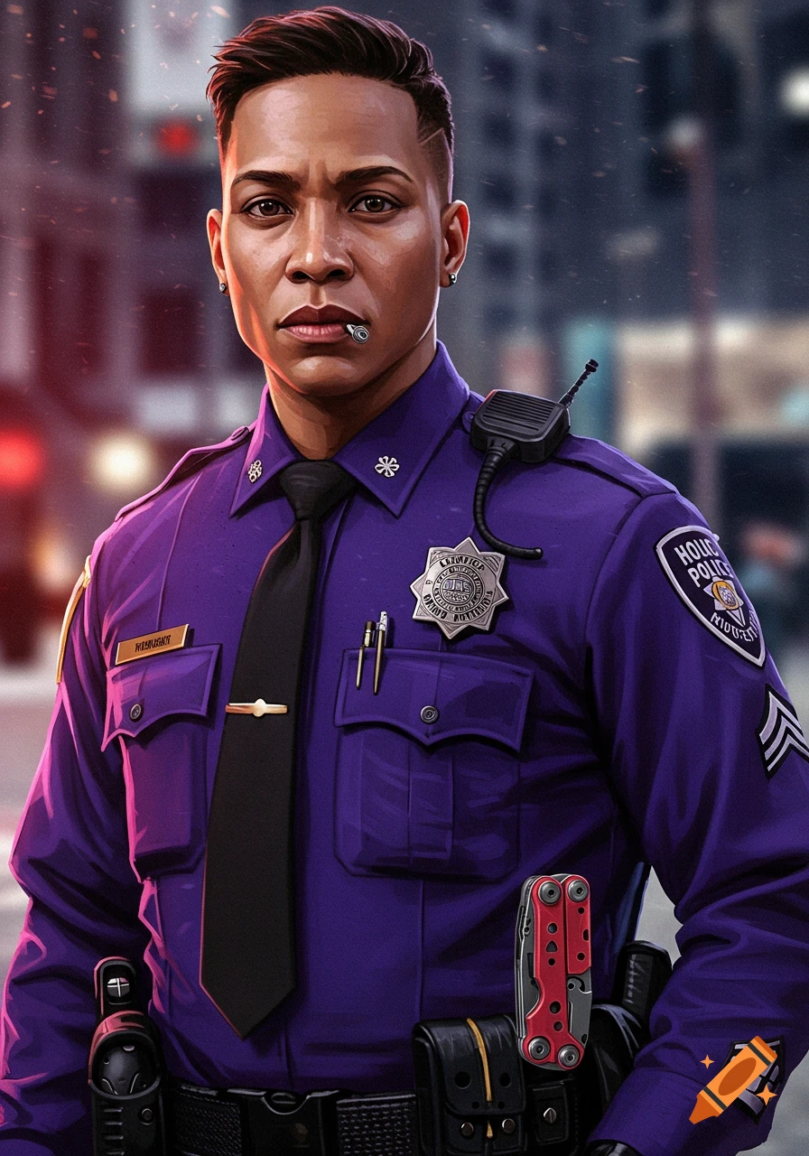 A stylized portrait of a police officer wearing a purple uniform and a ...