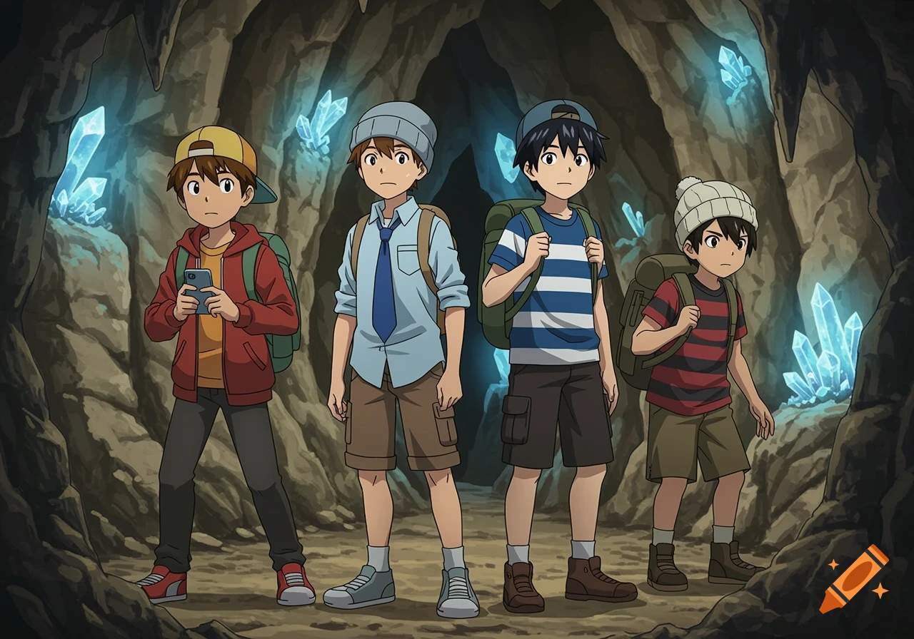 Four teenage boys explore a mysterious cave with glowing blue crystals ...
